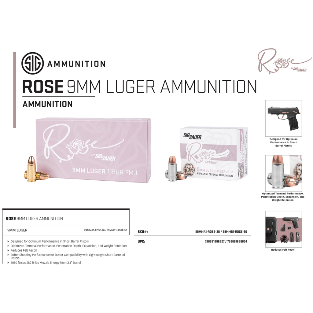 Sig Sauer Rose 9mm Luger 115 gr Full Metal Jacket 50 Per Box ...